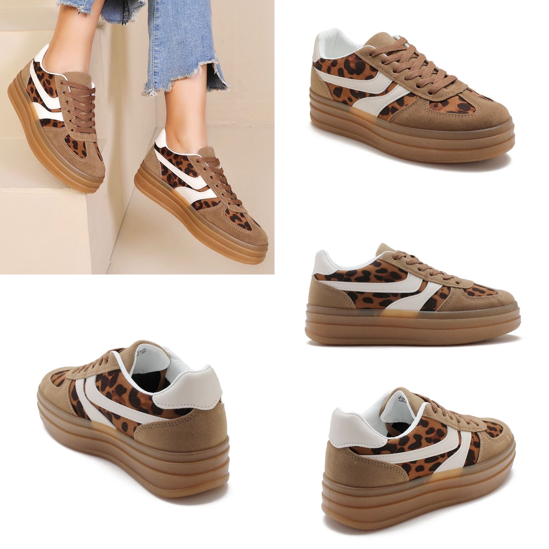 LEOPARD PLATFORM FAUX SUEDE LACE UP GUM SOLE TRAINERS | Go Wholesale