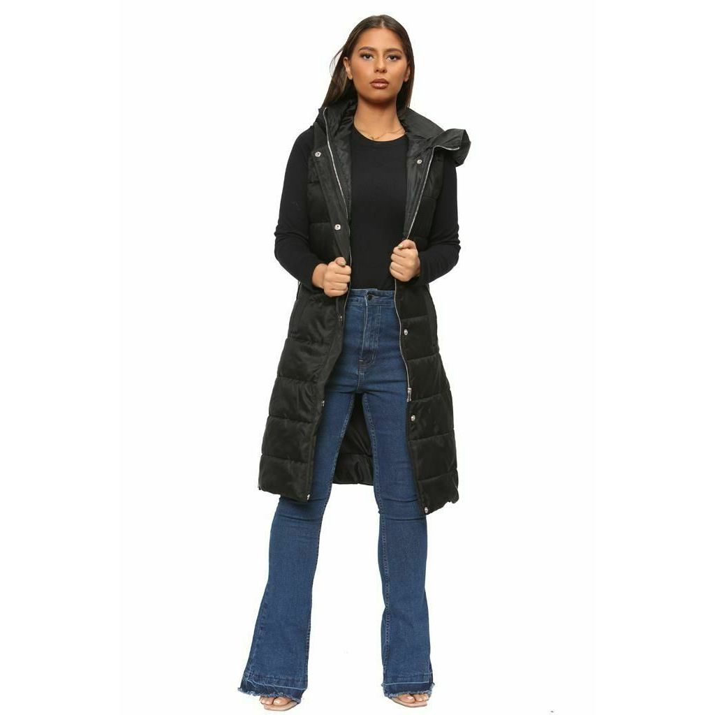 BLACK HOODED LONG LINE PUFFER BLACK GILET JACKET | Go Wholesale