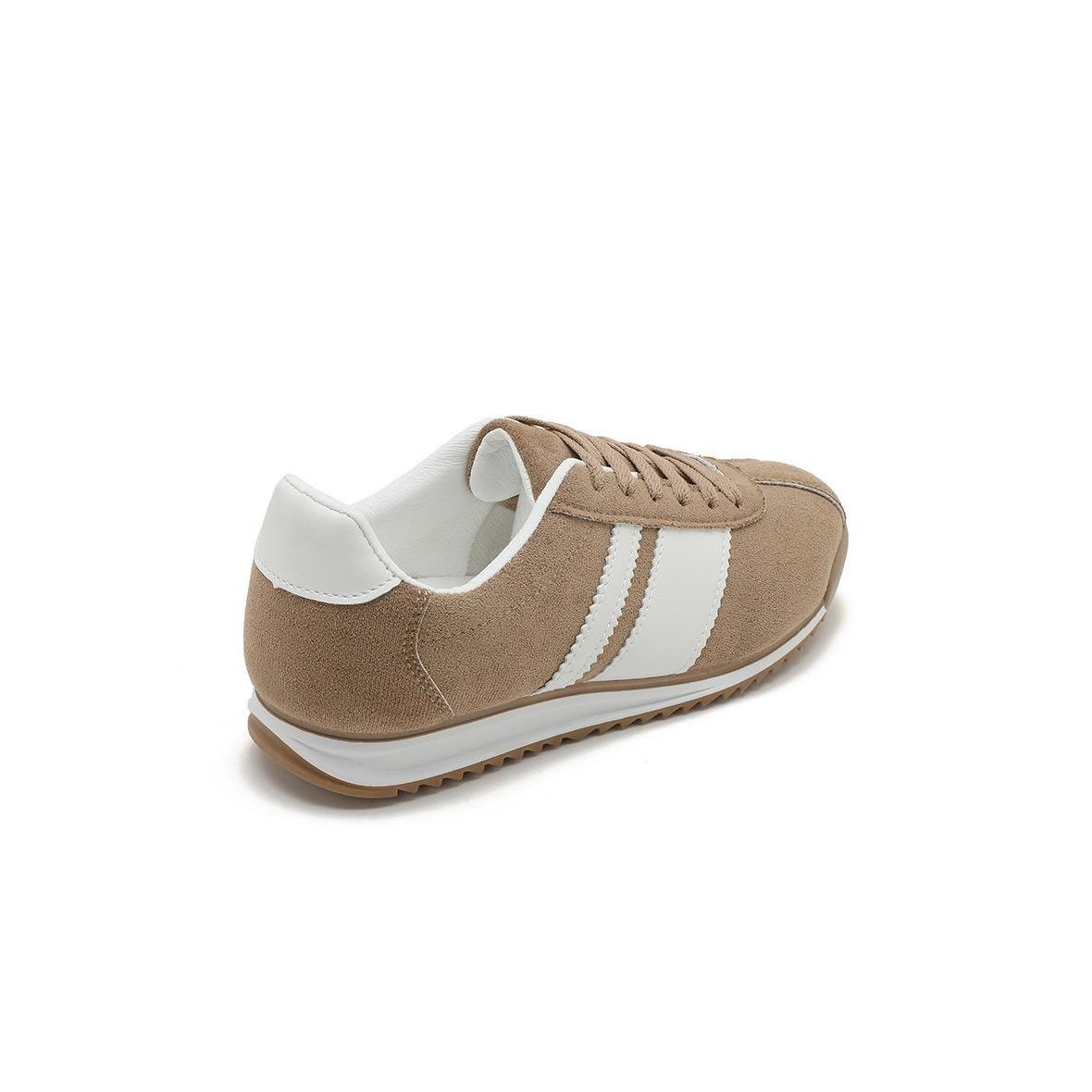 ROUND TOE SIDE LINE STRIPPED DETAILED GUM SOLE TRAINERS IN KHAKI | Go ...