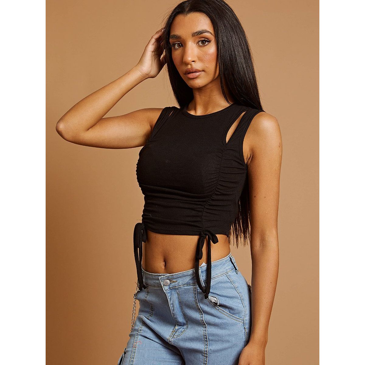 Cut Out Shoulder Ribbed Ruched Crop Top | Go Wholesale
