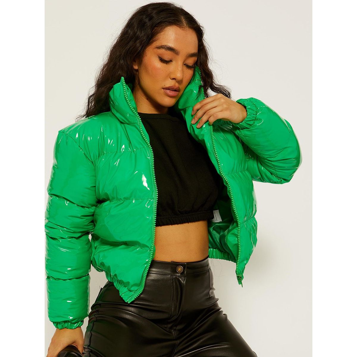 PVC Leather Cropped Puffer Jacket | Go Wholesale