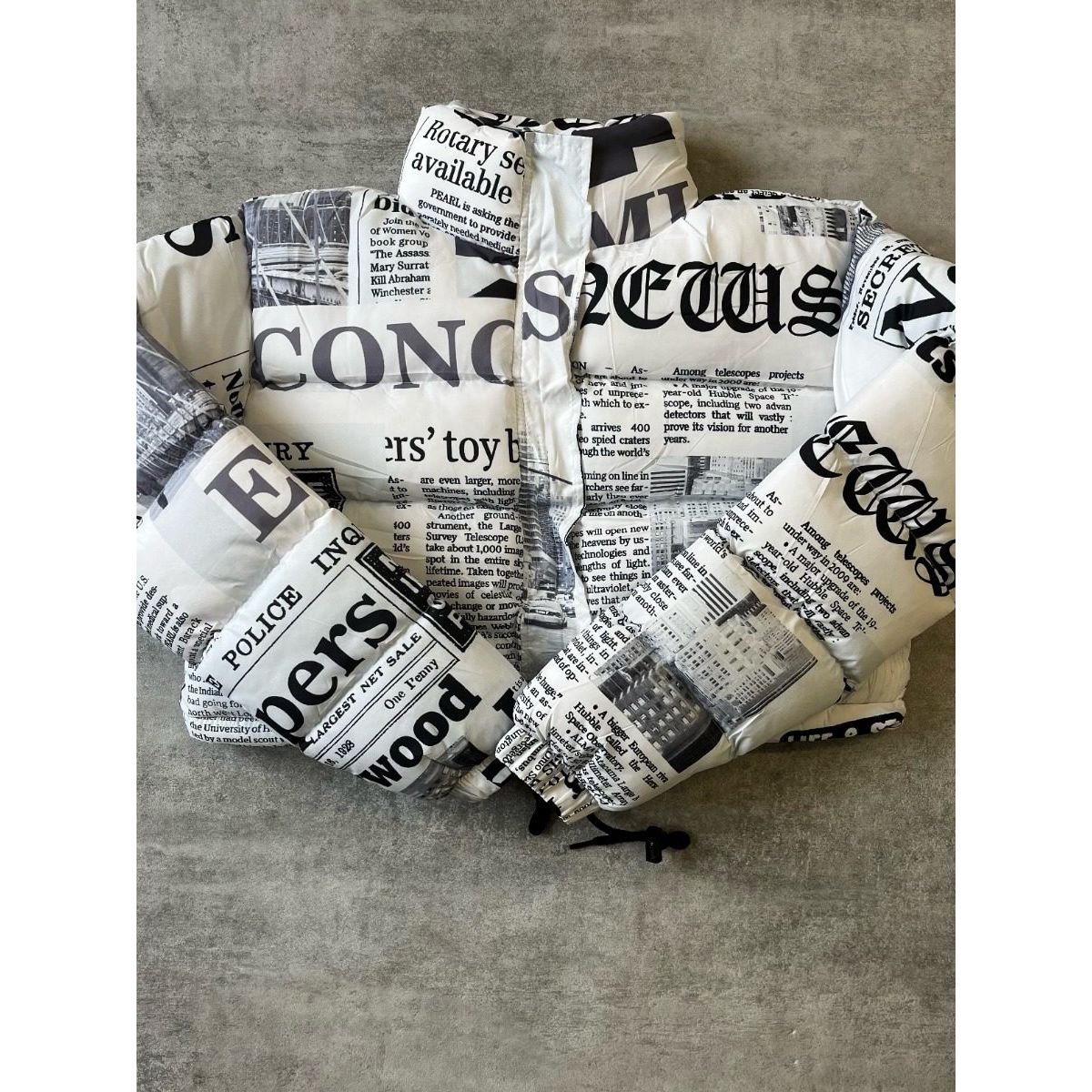 Newspaper Print Cropped Puffer Jacket | Go Wholesale