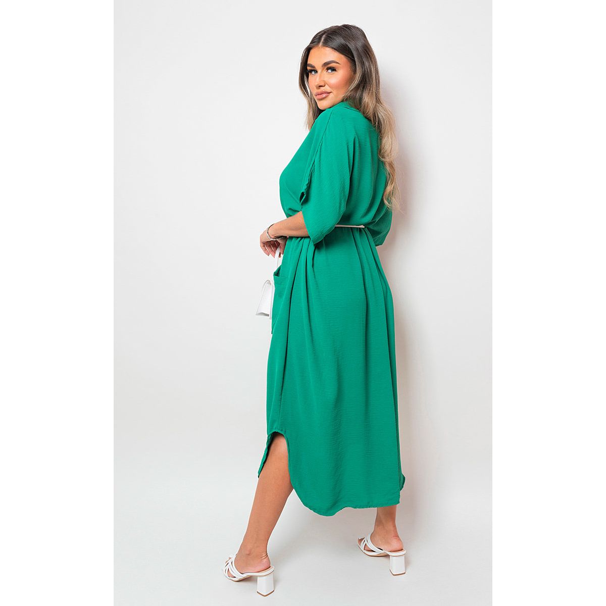 Down Collared Midi Dress with Front Pockets | Go Wholesale
