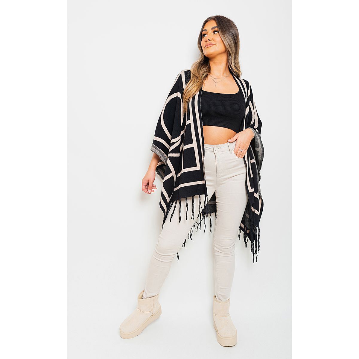 Print Fringe Open Front Knitted Cardigan | Go Wholesale