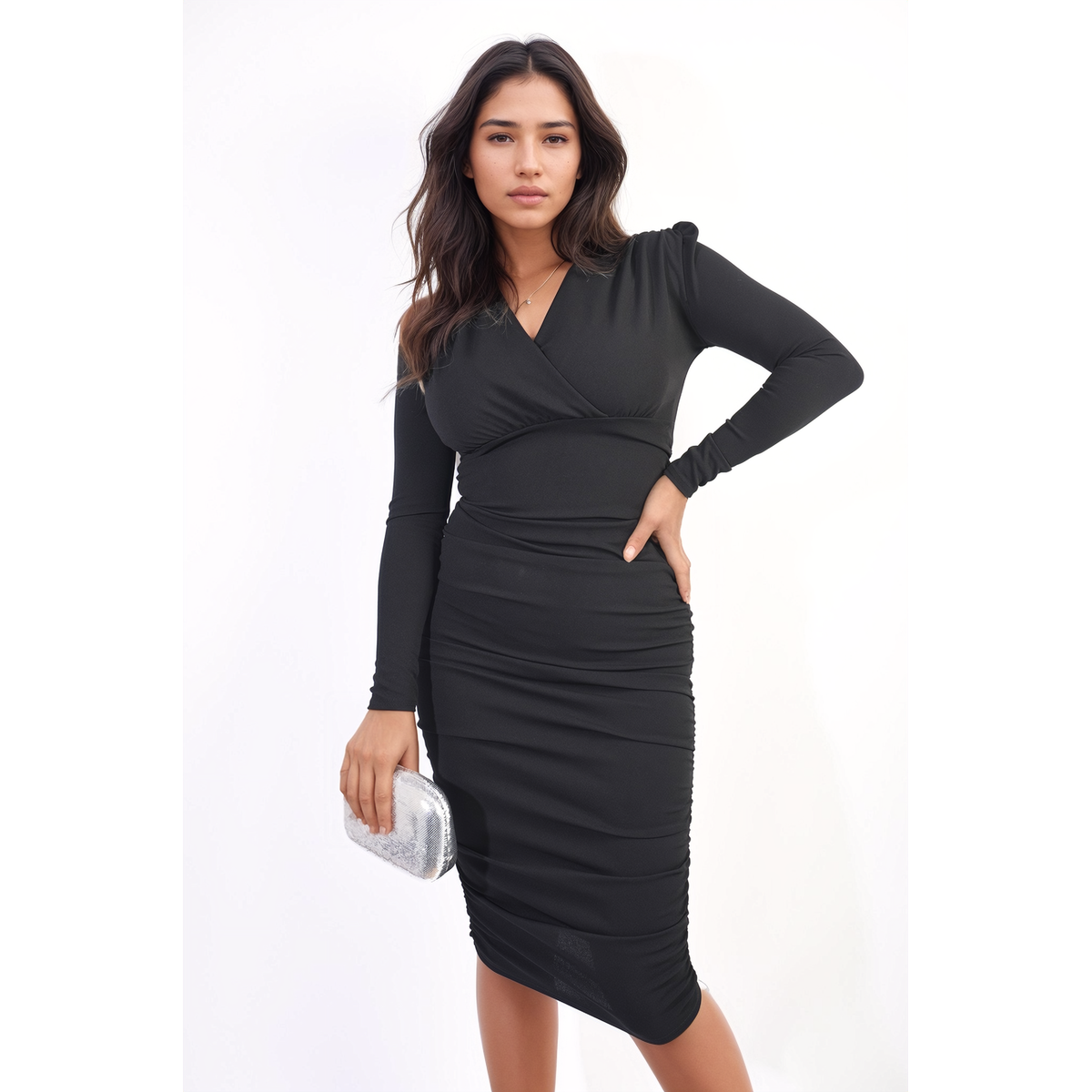 Neck Long Sleeve Ruched Bodycon Midi Dress | Go Wholesale