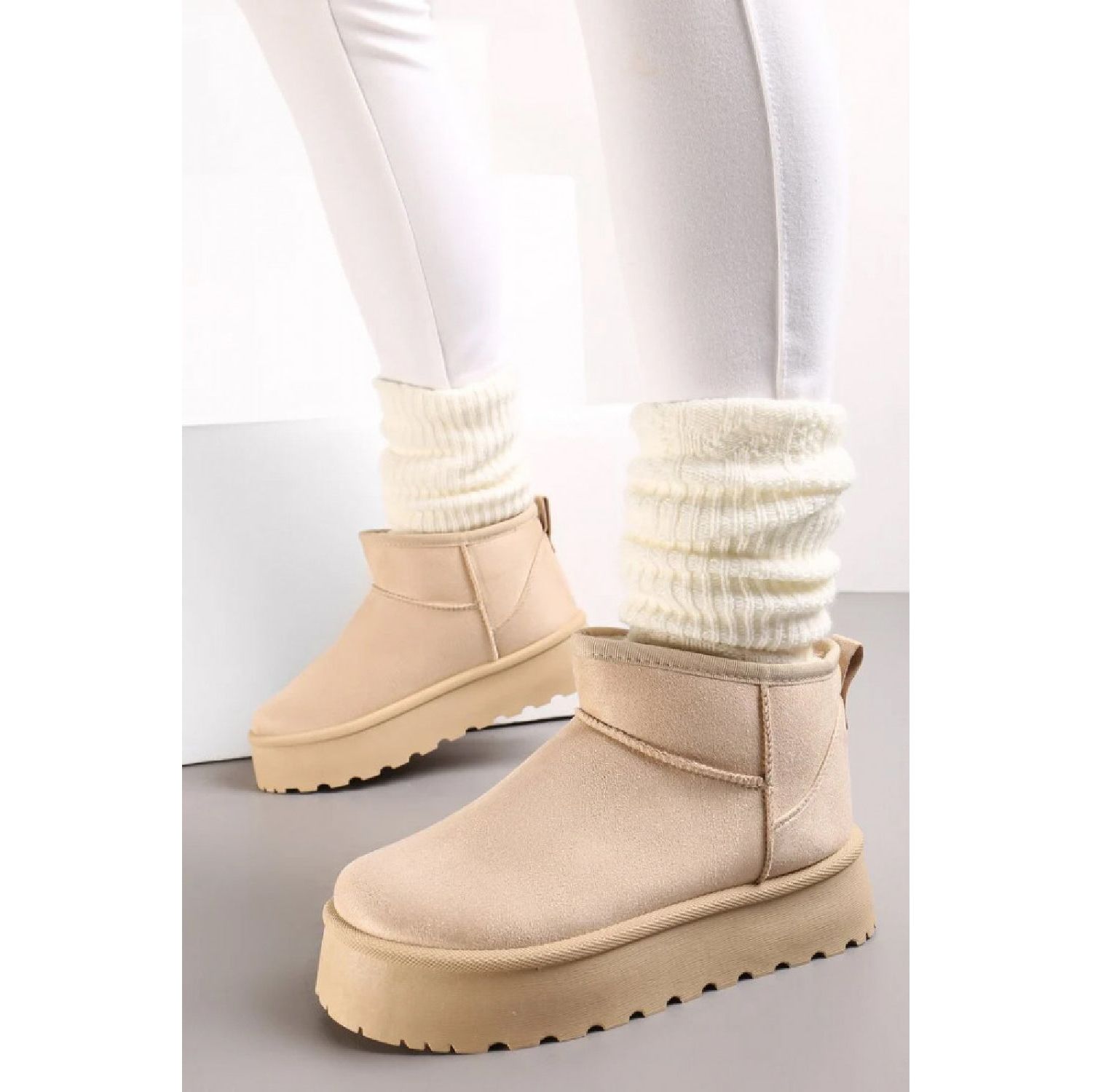 CREAM ULTRA MINI PLATFORM FAUX FUR LINED ANKLE BOOTS | Go Wholesale