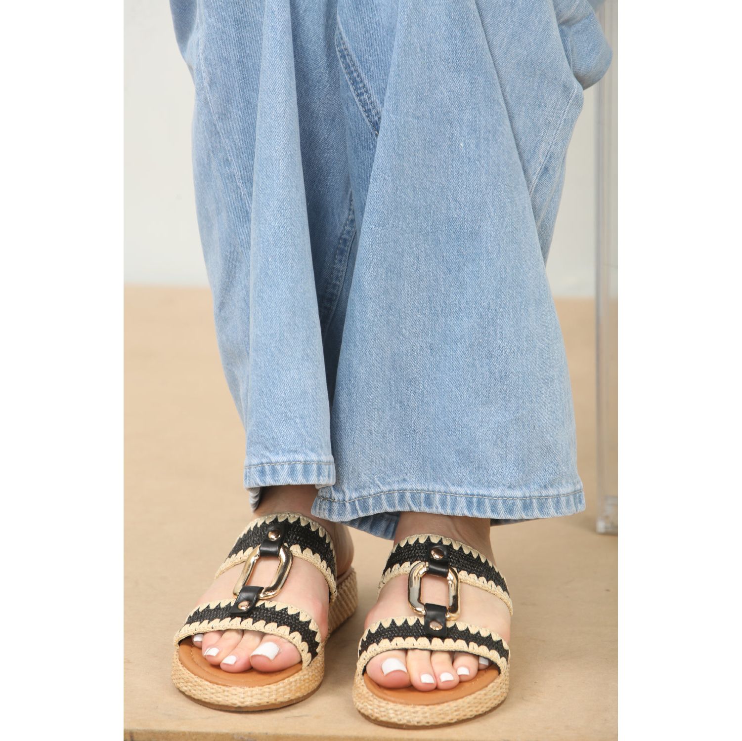 BLACK DESIGNER CONTRAST STITCH WOVEN RAFFIA LOW FLATFORM SANDALS | Go ...