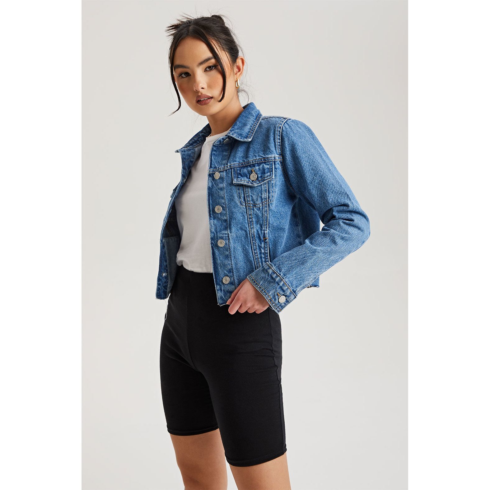 Mid Blue Raw Hem Denim Jacket | Go Wholesale