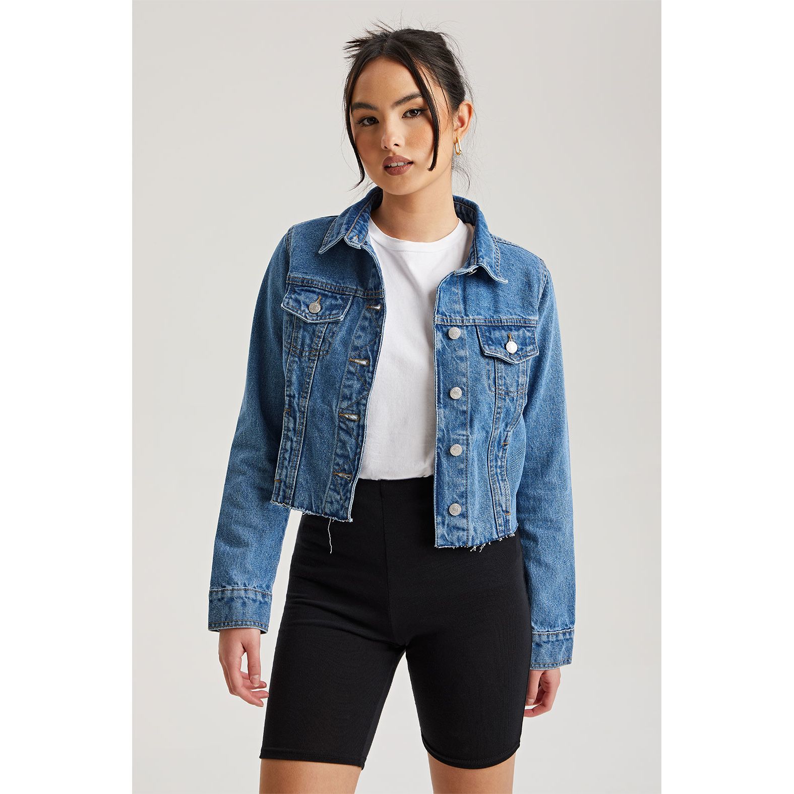 Mid Blue Raw Hem Denim Jacket | Go Wholesale