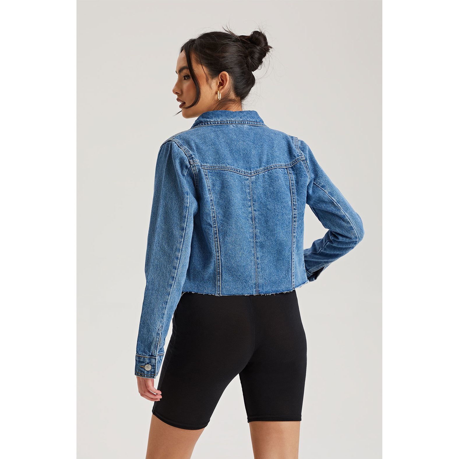 Mid Blue Raw Hem Denim Jacket | Go Wholesale