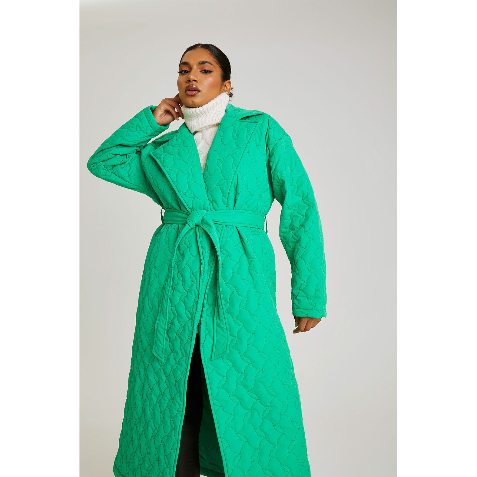 Green Longline Quilted Belted Jacket | Go Wholesale