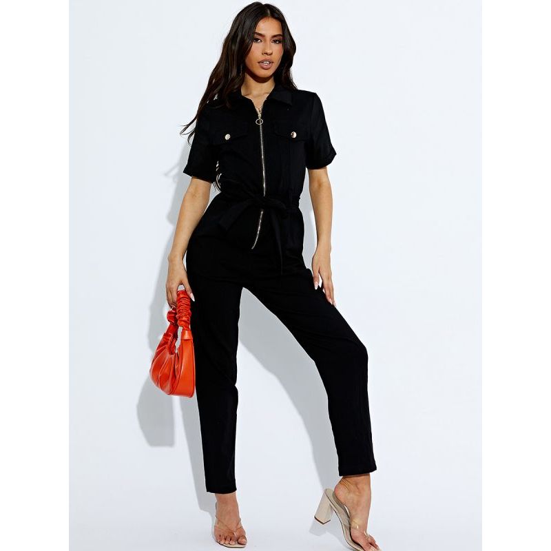 Collared Zip Front Belted Jumpsuit | Go Wholesale